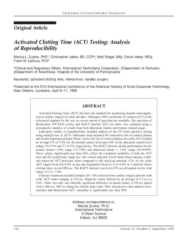 (PDF) Activated Clotting Time (ACT) Testing: Analysis of Reproducibility