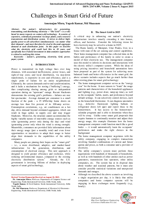 (PDF) Challenges in Smart Grid of Future