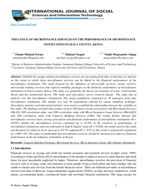 (PDF) INFLUENCE OF MICROFINANCE SERVICES ON THE PERFORMANCE OF MICROFINANCE INSTITUTIONS IN ...