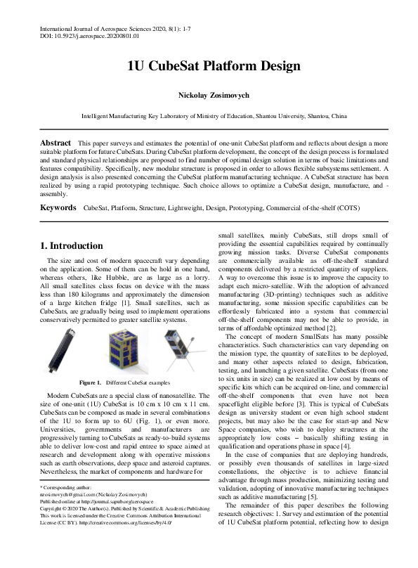 (PDF) 1U CubeSat Platform Design