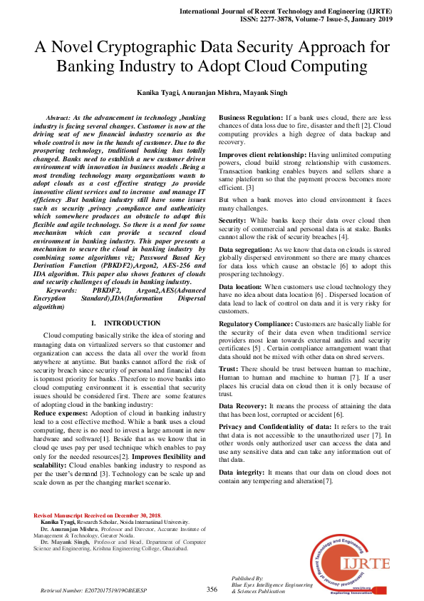 Pdf A Novel Cryptographic Data Security Approach For Banking Industry