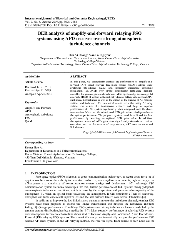 Pdf Ber Analysis Of Amplify And Forward Relaying Fso Systems Using Apd Receiver Over Strong