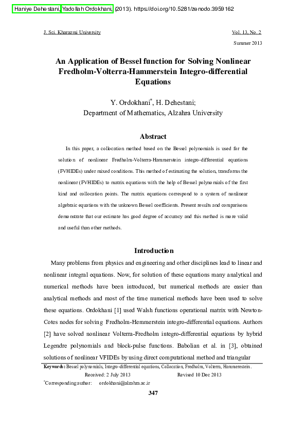 Pdf An Application Of Bessel Function For Solving Nonlinear Fredholm Volterra Hammerstein