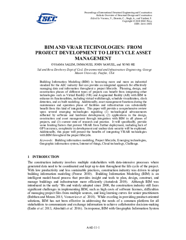 (PDF) BIM AND VR/AR TECHNOLOGIES: FROM PROJECT DEVELOPMENT TO LIFECYCLE ...