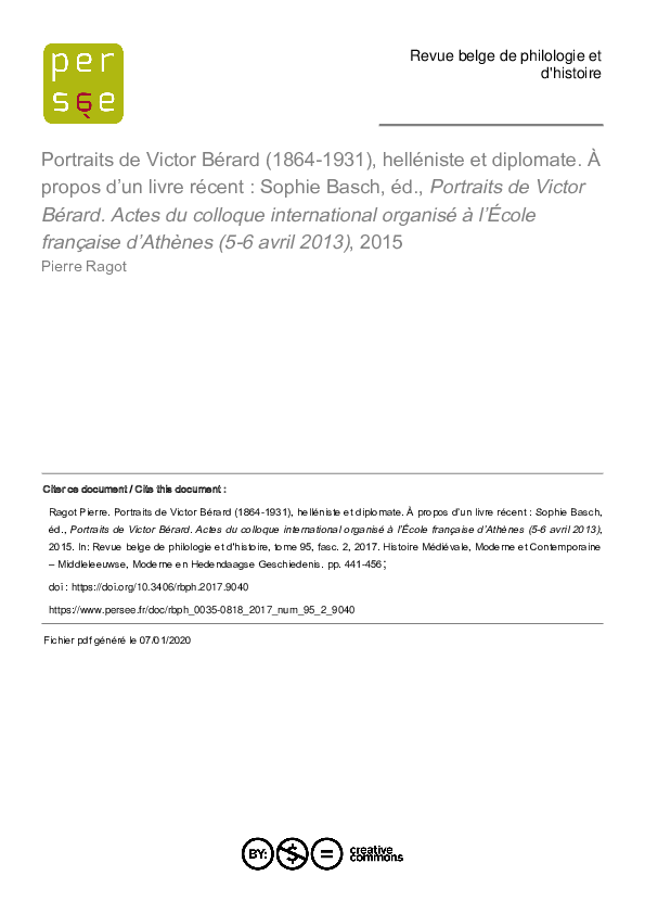 (PDF) Compte rendu, "Portraits de Victor Bérard (1864-1931), helléniste ...