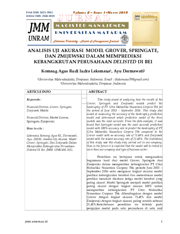 (PDF) ANALISIS UJI AKURASI MODEL GROVER, SPRINGATE, DAN ZMIJEWSKI DALAM ...