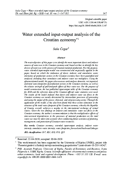 Pdf Water Extended Input Output Analysis Of The Croatian Economy