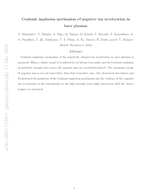 (PDF) Coulomb implosion mechanism of negative ion acceleration in laser ...