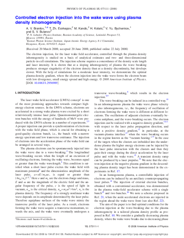 (PDF) Controlled electron injection into the wake wave using plasma ...