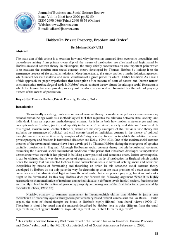 (PDF) Hobbes On Private Property, Freedom and Order