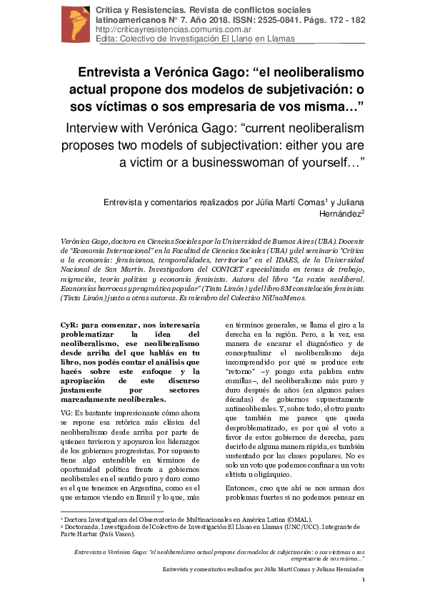 (PDF) Entrevista a Verónica Gago: “el neoliberalismo actual propone dos modelos de subjetivación ...