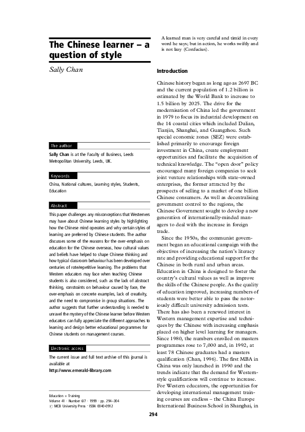 (PDF) The Chinese learner ± a question of style