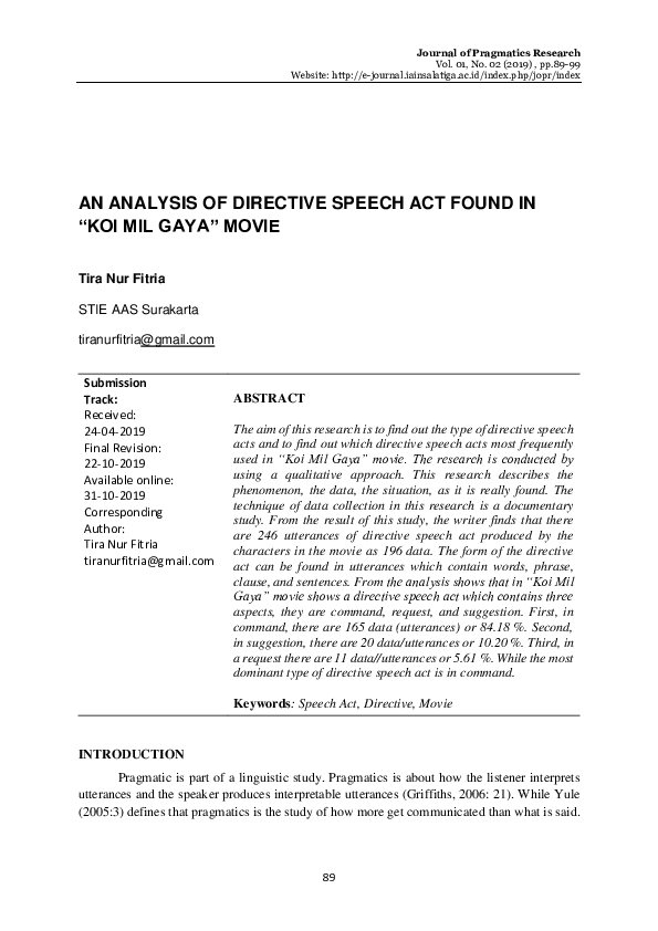 (PDF) AN ANALYSIS OF DIRECTIVE SPEECH ACT FOUND IN "KOI MIL GAYA" MOVIE
