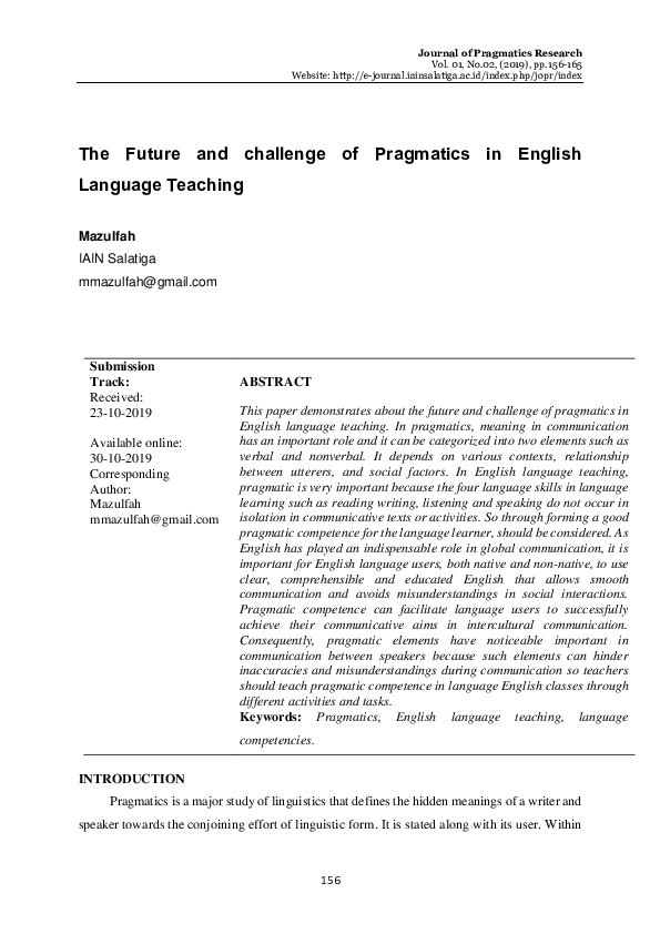 (PDF) The Future and challenge of Pragmatics in English Language Teaching
