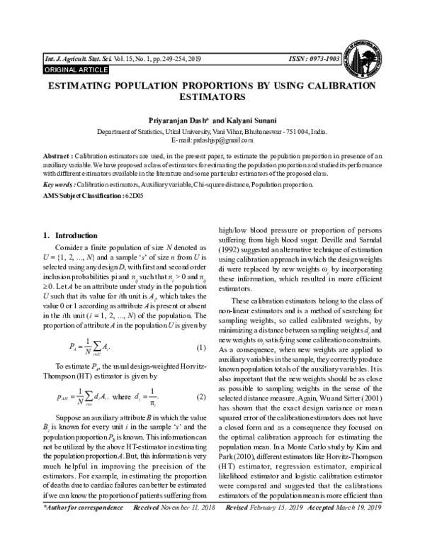 Pdf Estimating Population Proportions By Using Calibration Estimators