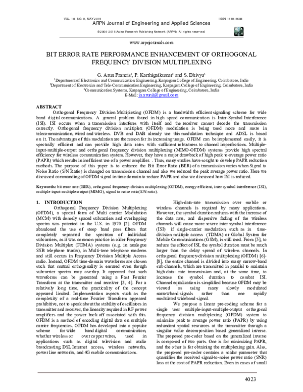 Pdf Bit Error Rate Performance Enhancement Of Orthogonal Frequency Division Multiplexing