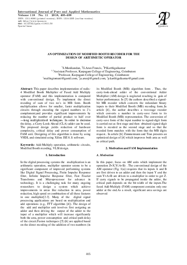 (PDF) AN OPTIMIZATION OF MODIFIED BOOTH RECODER FOR THE DESIGN OF ARITHMETIC OPERATOR
