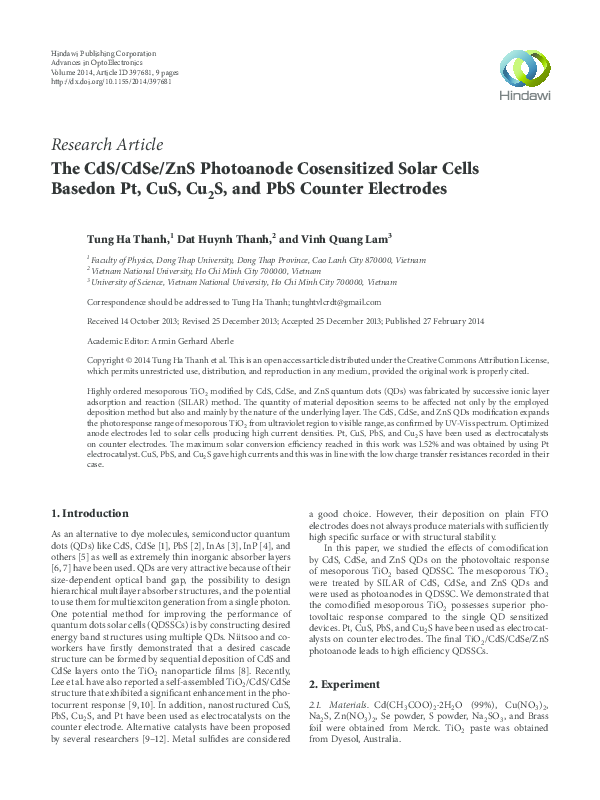 (PDF) The CdS/CdSe/ZnS Photoanode Cosensitized Solar Cells Basedon Pt ...
