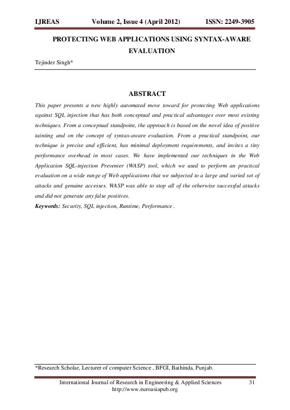 (PDF) PROTECTING WEB APPLICATIONS USING SYNTAX-AWARE EVALUATION