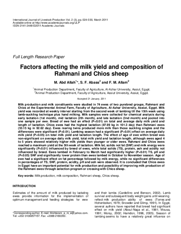 (PDF) Factors affecting the milk yield and composition of Rahmani and ...