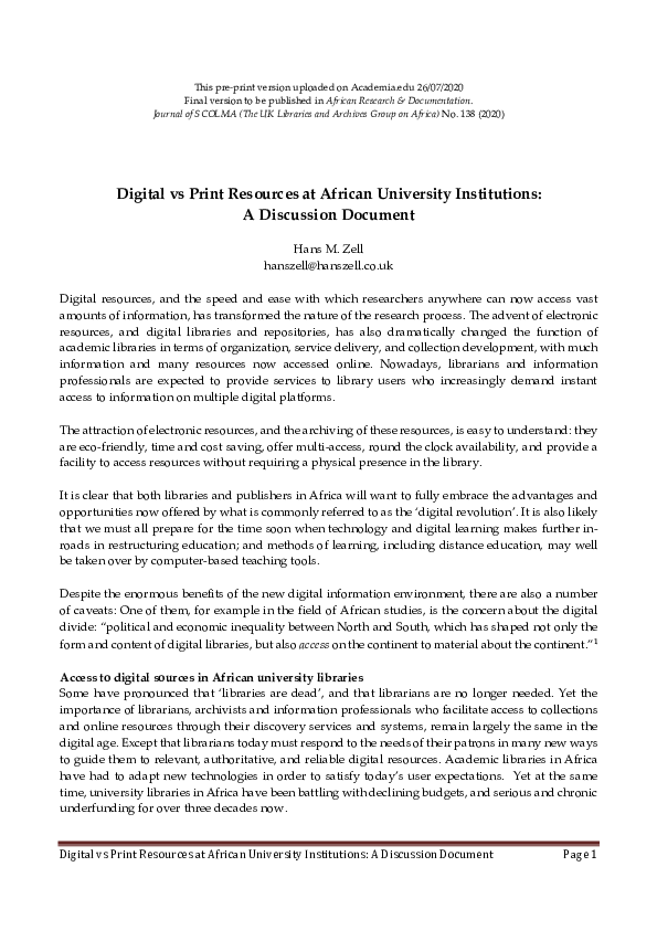 (PDF) Digital vs Print Resources at African University Institutions: A ...