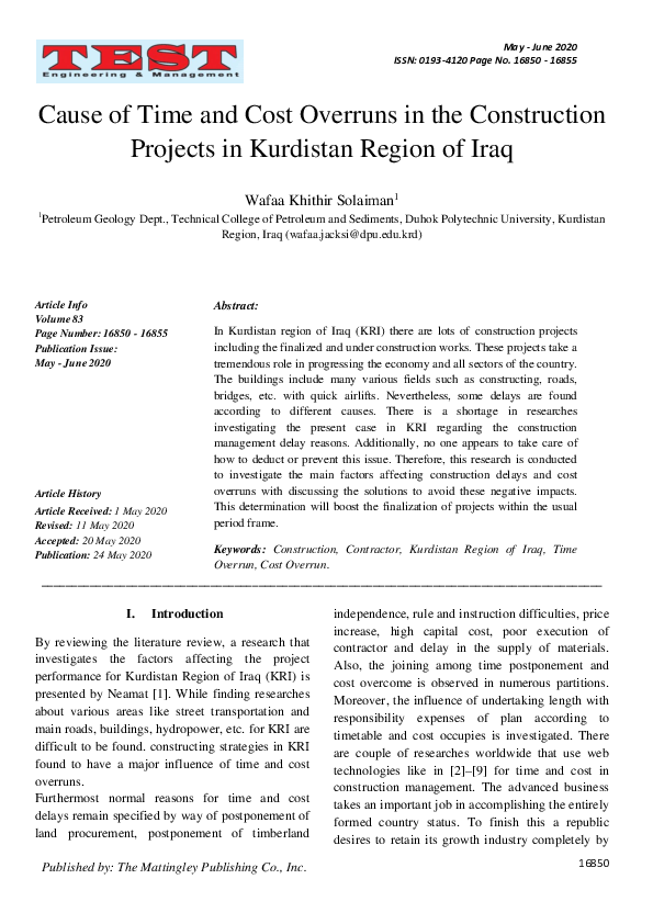 Pdf Cause Of Time And Cost Overruns In The Construction Projects In Kurdistan Region Of Iraq