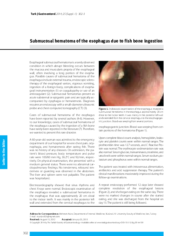 (PDF) Submucosal hematoma of the esophagus due to fish bone ingestion