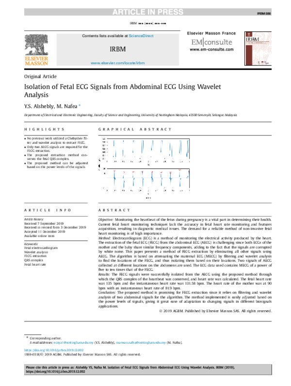 (PDF) Isolation of Fetal ECG Signals from Abdominal ECG Using Wavelet Analysis