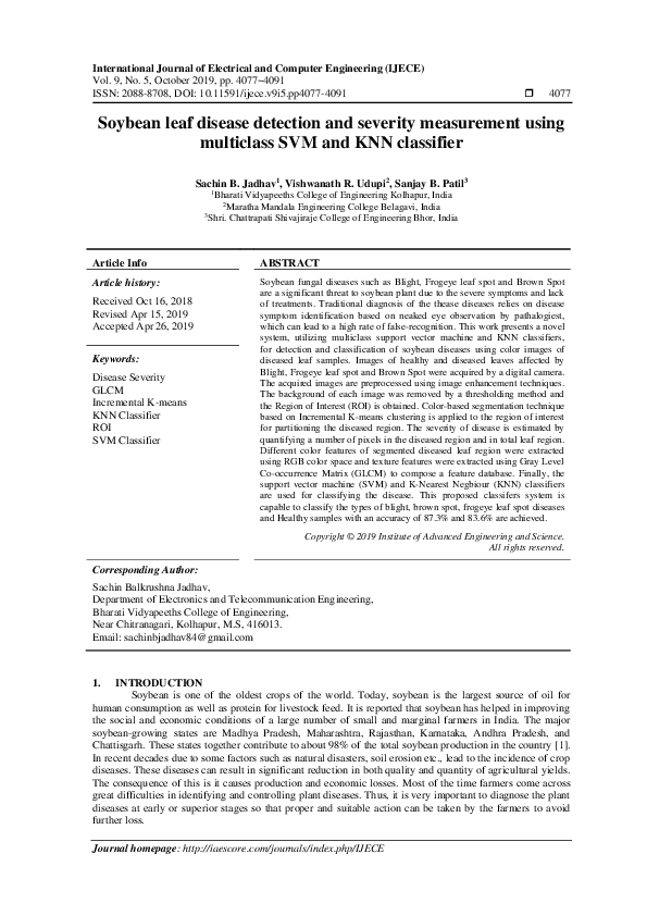 (PDF) Soybean leaf disease detection and severity measurement using multiclass SVM and KNN ...