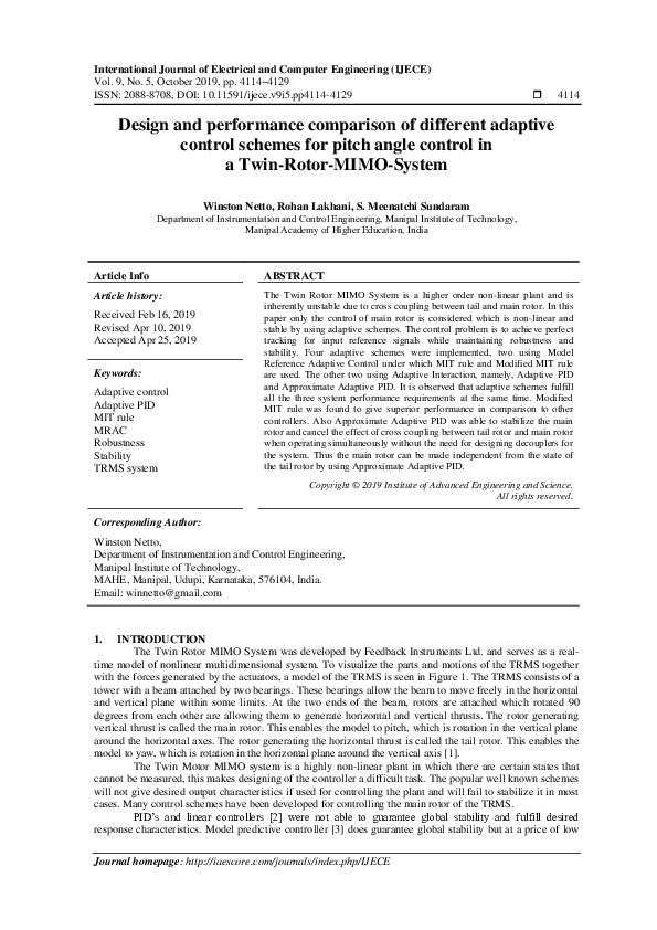 Pdf Control Of Twin Rotor Mimo System Trms Using Pid Controller