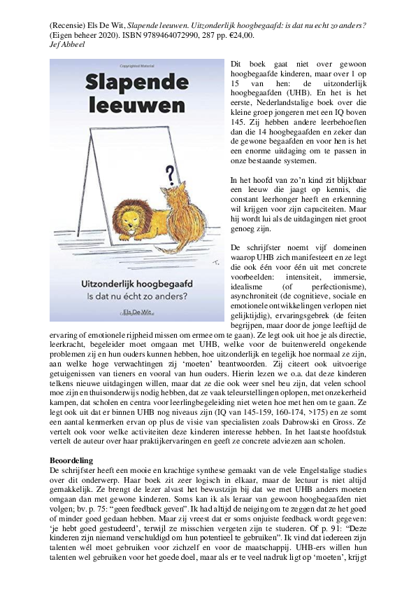 (PDF) Jef Abbeel (Recensie) Els De Wit, Slapende leeuwen. Uitzonderlijk ...