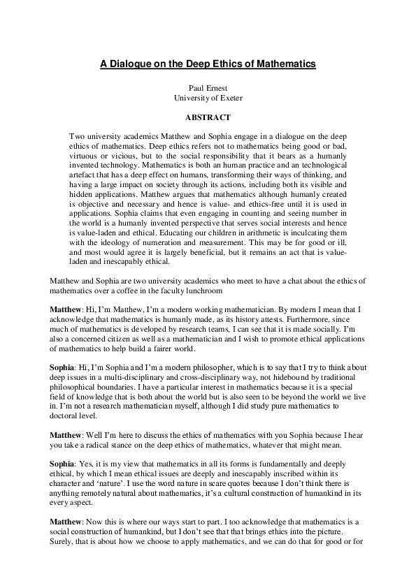 (PDF) A Dialogue on the Deep Ethics of Mathematics - Revised
