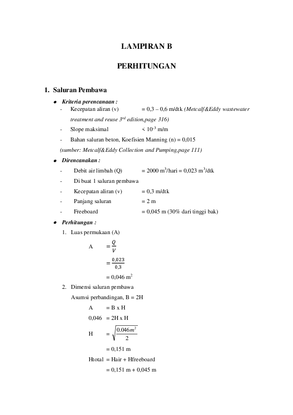 (PDF) LAMPIRAN B PERHITUNGAN 1. Saluran Pembawa
