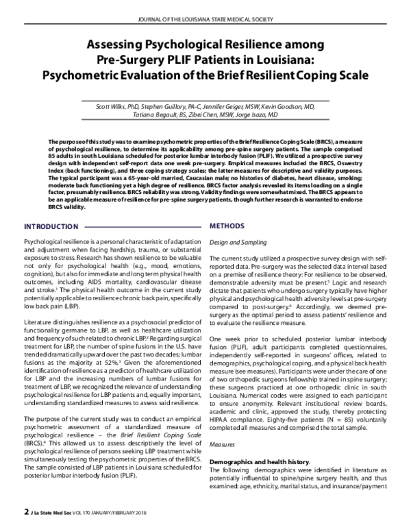 (PDF) Assessing Psychological Resilience among Pre-Surgery PLIF ...
