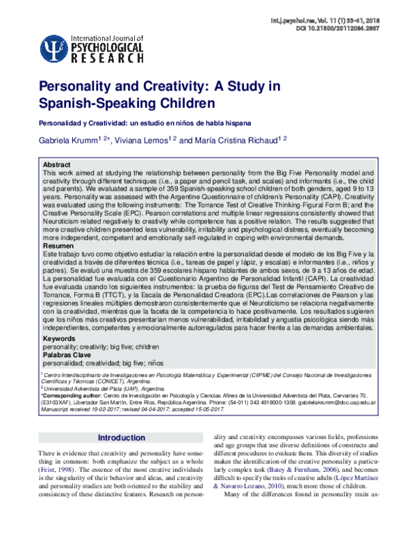 (PDF) Personality and Creativity: A Study in Spanish-Speaking Children ...
