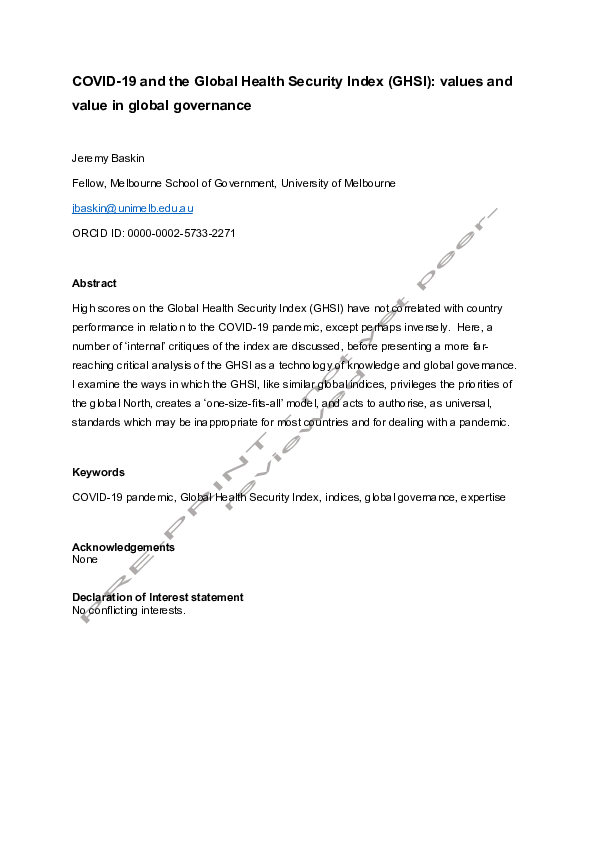 (PDF) COVID-19 and the Global Health Security Index (GHSI): values and ...