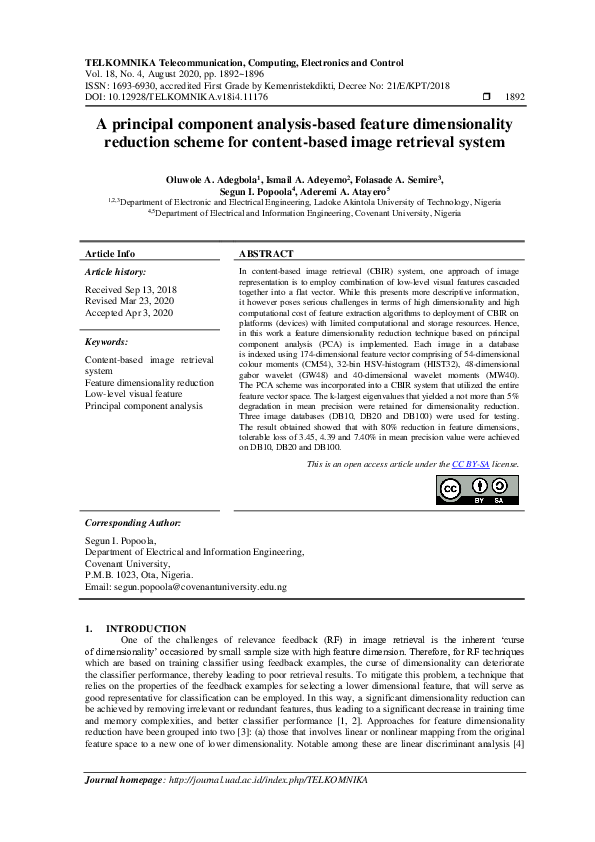 Pdf A Principal Component Analysis Based Feature Dimensionality