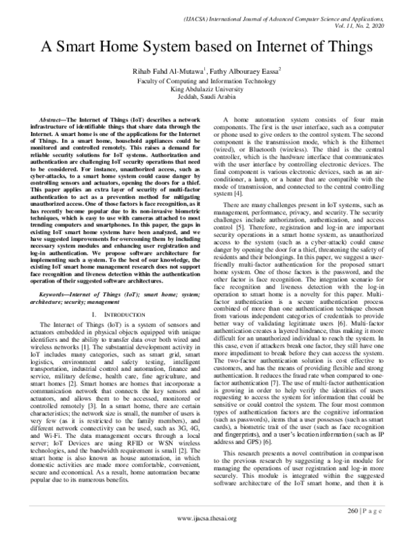 (PDF) A Smart Home System based on Internet of Things