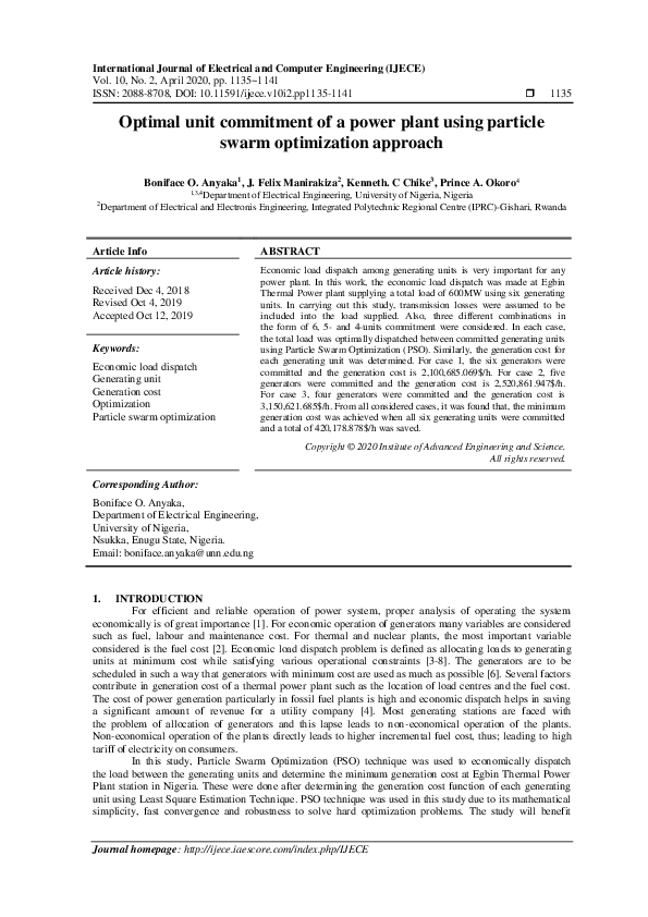 Pdf Optimal Unit Commitment Of A Power Plant Using Particle Swarm Optimization Approach