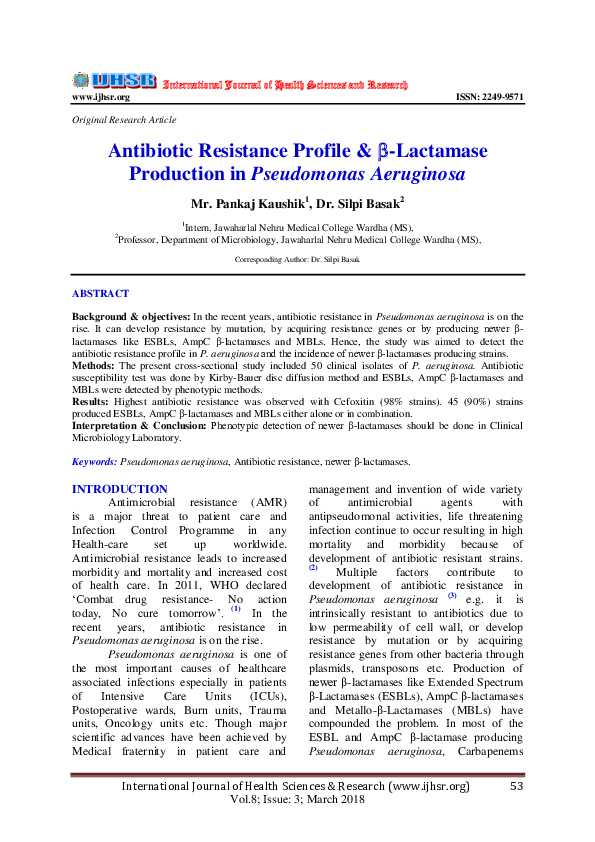 (PDF) Antibiotic Resistance Profile & β-Lactamase Production in Pseudomonas Aeruginosa