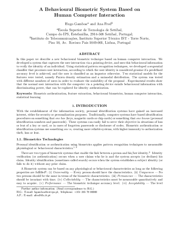 (PDF) A behavioral biometric system based on human computer interaction