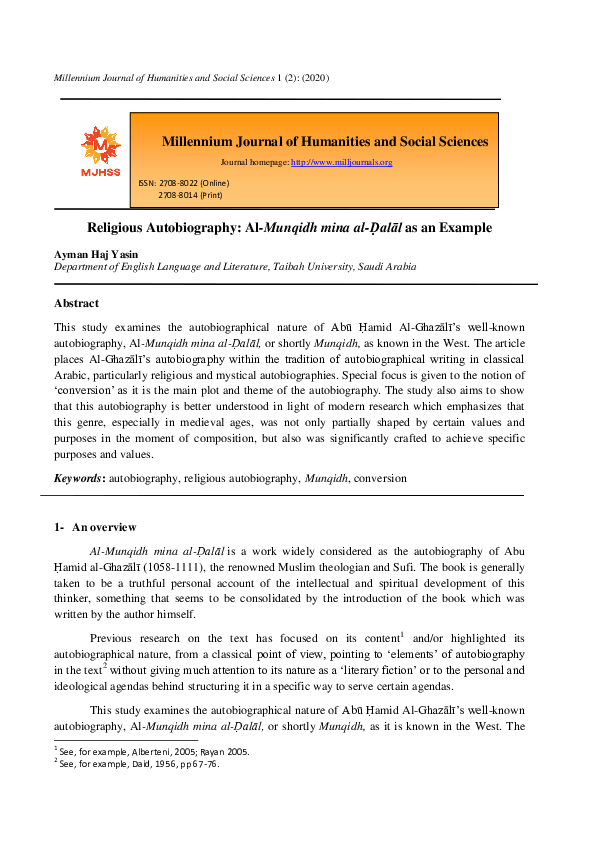 (PDF) Religious Autobiography Al Munqidh mina al Ḍalāl as an Example