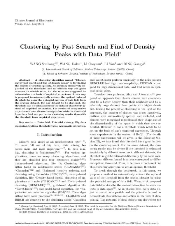 Pdf Clustering By Fast Search And Find Of Density Peaks With Data Field