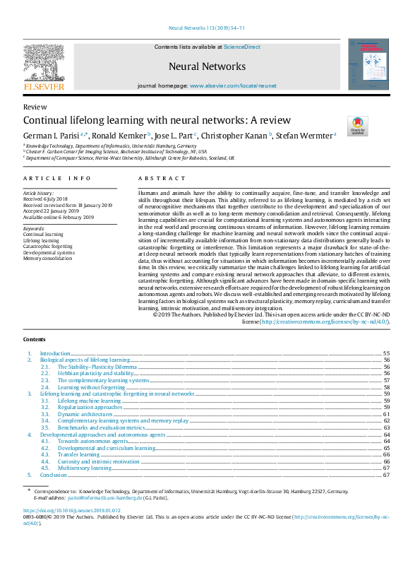 (PDF) Continual lifelong learning with neural networks: A review