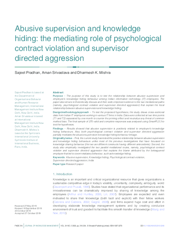 (PDF) Abusive supervision and knowledge hiding: the mediating role of ...