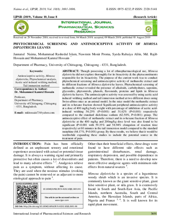 (PDF) PHYTOCHEMICAL SCREENING AND ANTINOCICEPTIVE ACTIVITY OF MIMOSA DIPLOTRICHA LEAVES