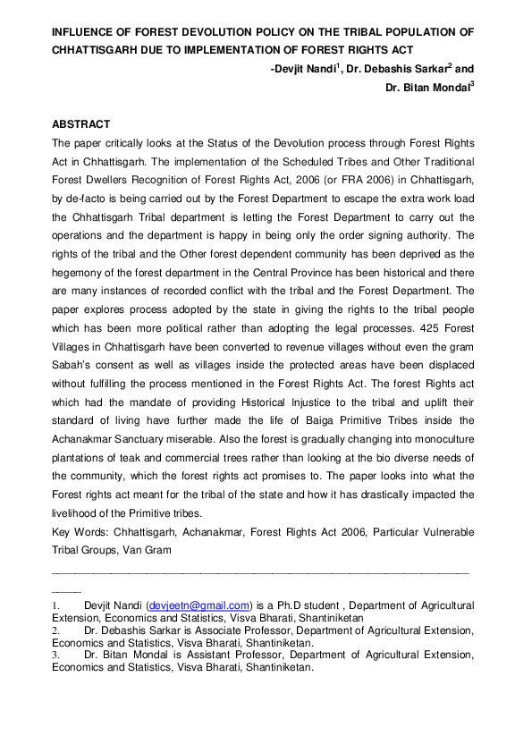 (PDF) INFLUENCE OF FOREST DEVOLUTION POLICY ON THE TRIBAL POPULATION OF