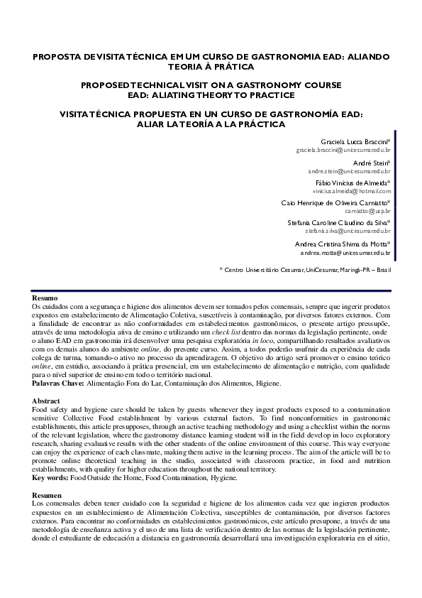 (PDF) PROPOSTA DE VISITA TÉCNICA EM UM CURSO DE GASTRONOMIA EAD: ALIANDO TEORIA À PRÁTICA ...