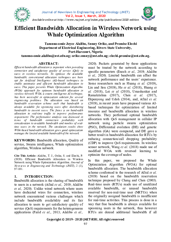 Pdf Efficient Bandwidth Allocation In Wireless Network Using Whale