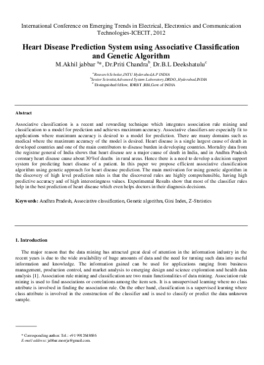 Pdf Heart Disease Prediction System Using Associative Classification And Genetic Algorithm